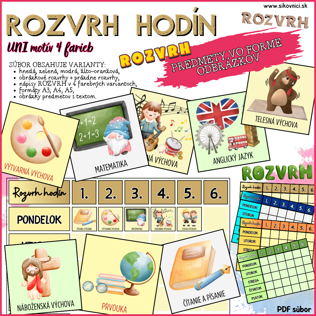 OBRÁZKOVÝ ROZVRH HODÍN - 4 farby - Triednická hodina | UčiteliaUčiteľom.sk